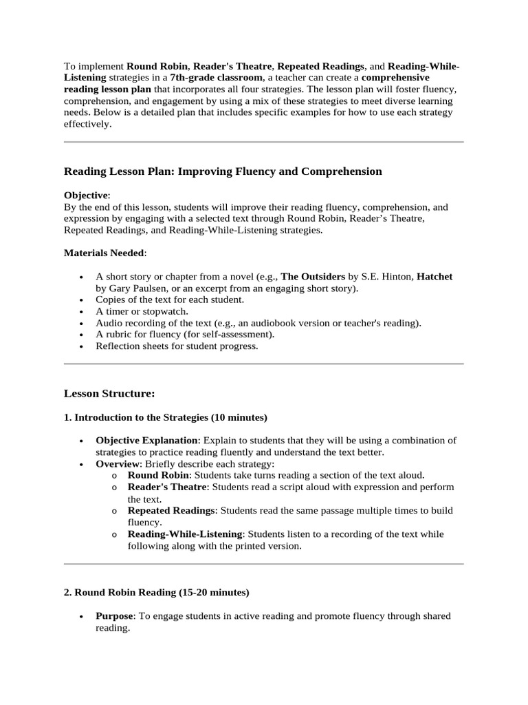 Reading Lesson Plan Improving Fluency and Comprehension | PDF | Reading ...