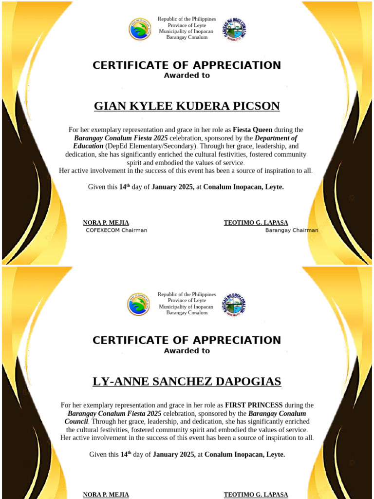 Fiesta 2025 Appreciation Certificates | PDF