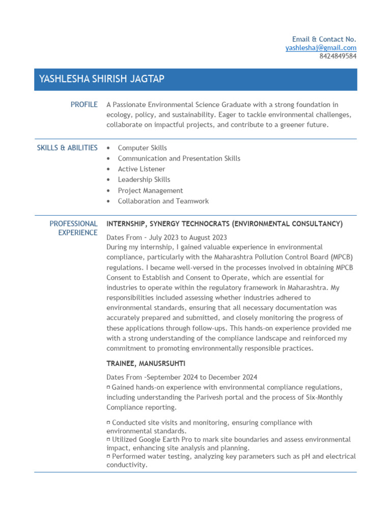 Yashlesha Shirish Jagtap Resume | PDF | Regulatory Compliance | Natural Environment
