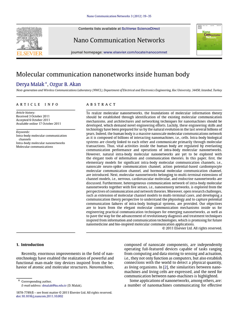 Nano Communication Networks: Derya Malak Ozgur B. Akan | PDF