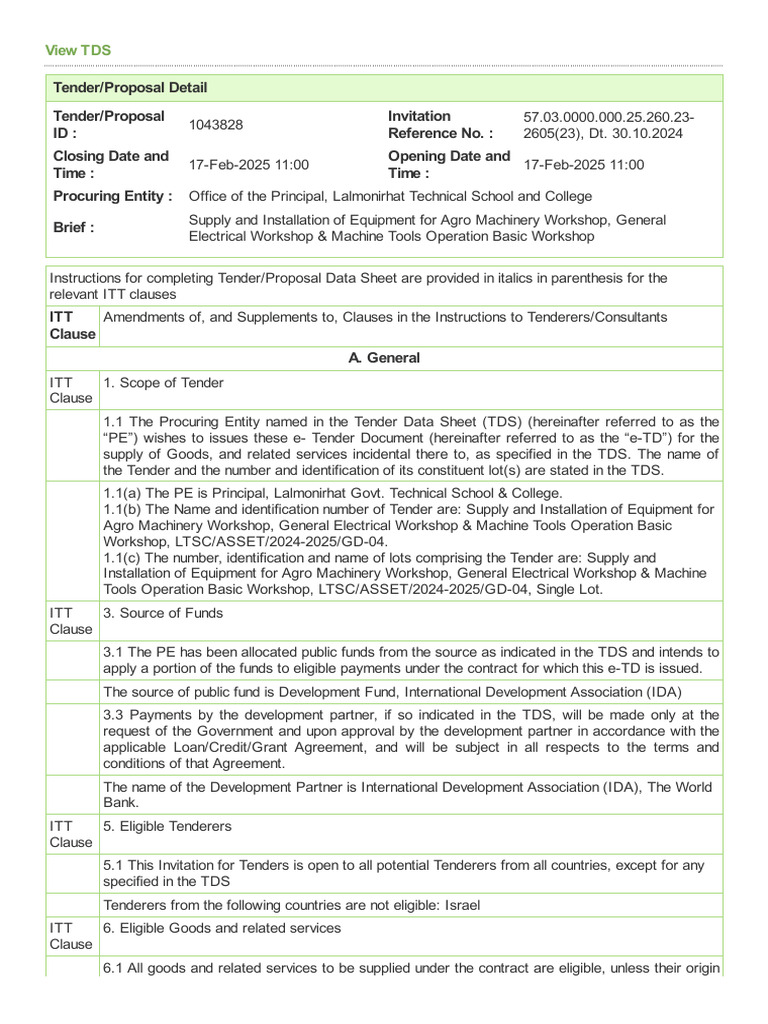 Section2 - Tender Data Sheet 1043829 | PDF | International Development Association | Percentage
