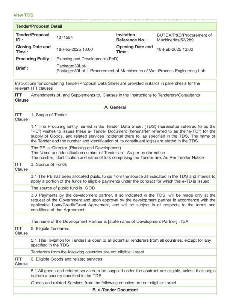 section2_Tender Data Sheet 1071584 | PDF | Percentage | Specification (Technical Standard)