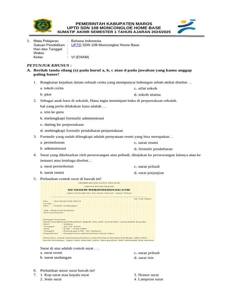 SAS 1 Kelas VI - Bhs - Indonesia 2024 | PDF