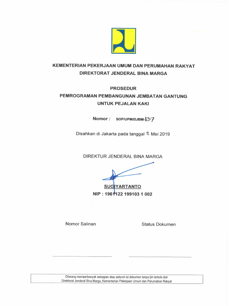 SOP No 137 Tahun 2019 Prosedur Pemrograman Pembangunan Jembatan Gantung Utk Pejalan Kaki | PDF