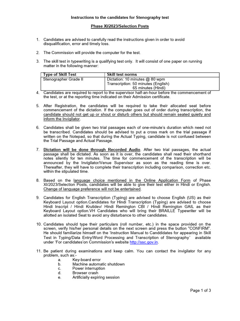Stenography Test Instructions | PDF | Notebook | Shorthand