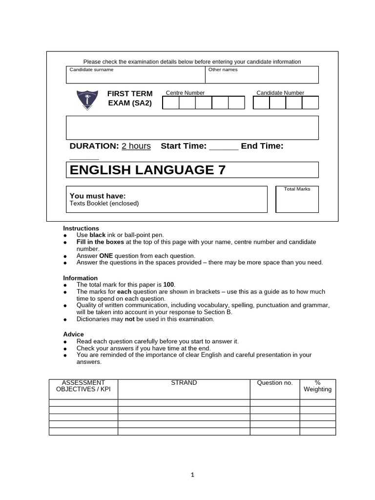 7 Language Term 3 Exam Sec. A and B QP | PDF