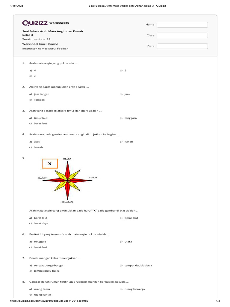 Soal Selasa Arah Mata Angin Dan Denah Kelas 3 - Quizizz | PDF