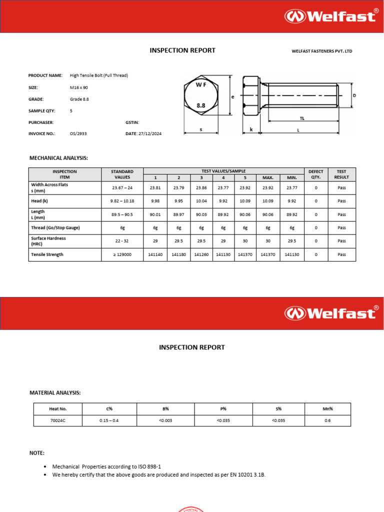High Tensile Bolt Inspection Report | PDF