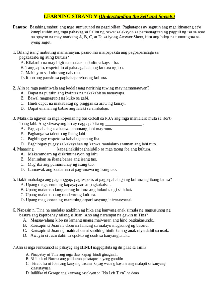 LEARNING STRAND V Pre Exam | PDF