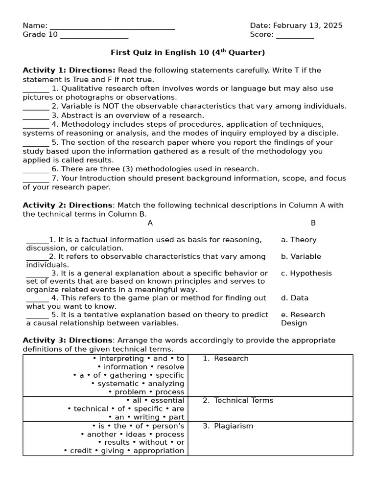 First Quiz in English 10 (4th Quarter) | PDF | Methodology | Information