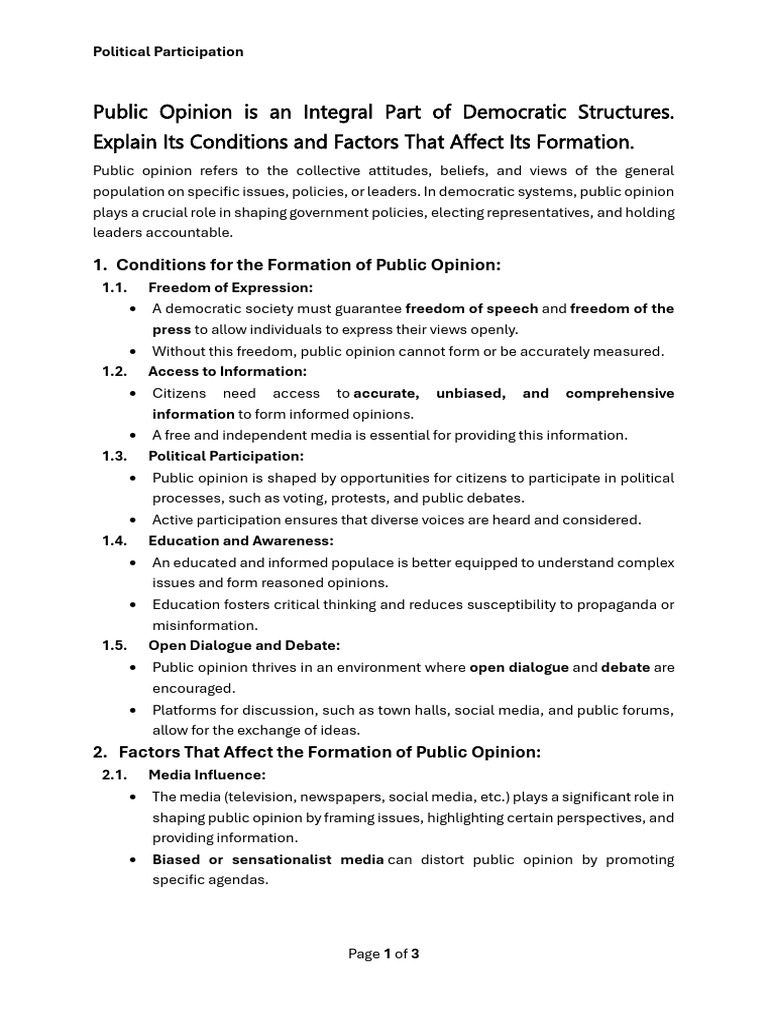 Public Opinion is an Integral Part of Democratic Structures. Explain ...