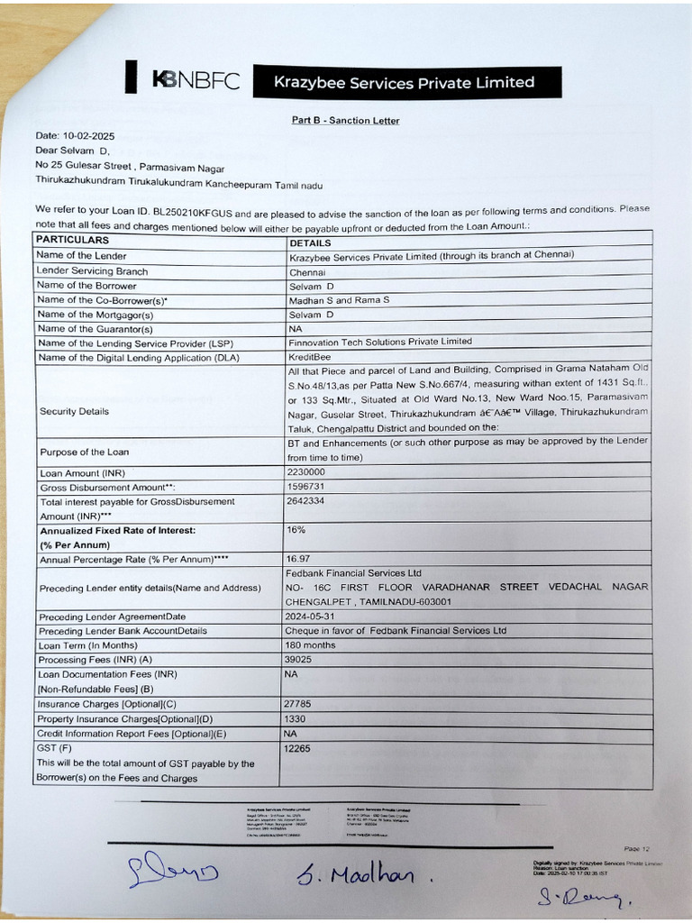 Selvam Sanction Letter Pdf