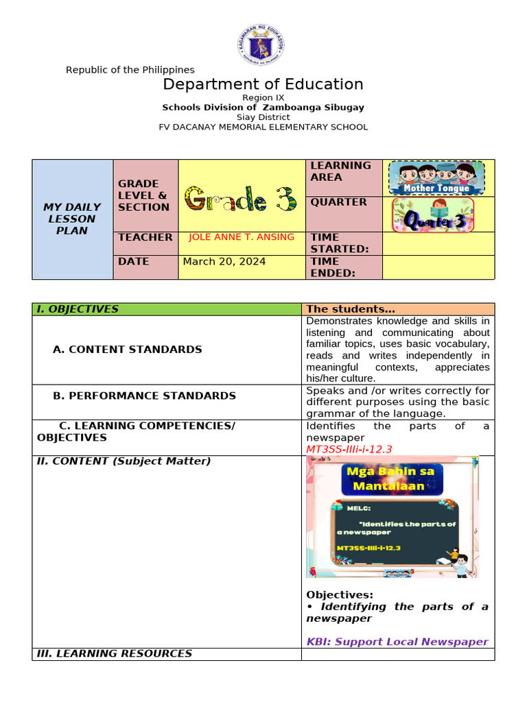 Ade3 Parts of Newspaper | PDF | Constructivism (Philosophy Of Education) | Teachers