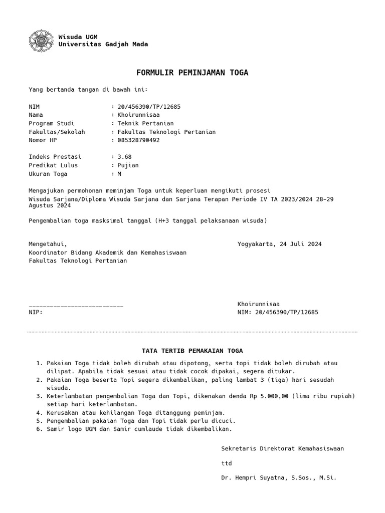 Formulir Peminjaman Toga UGM | PDF