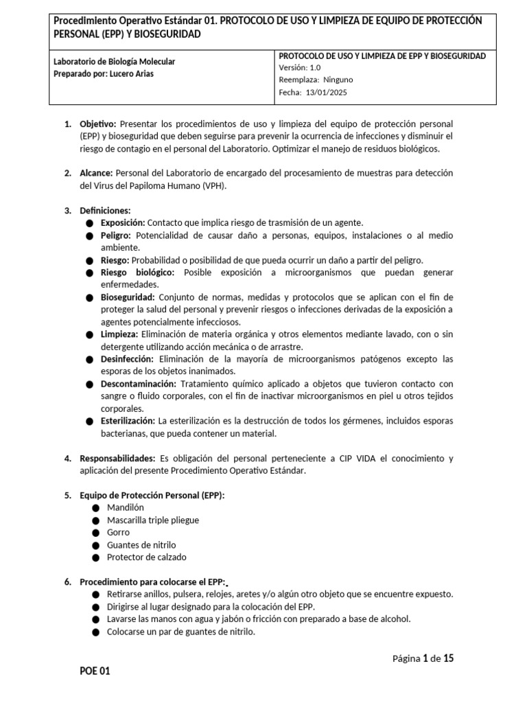 POE 01. - Protocolo de Uso de EPP y Bioseguridad en El Laboratorio de Biología Molecular | PDF ...