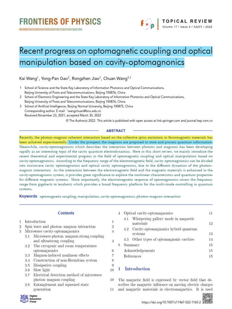 Recent Progress On Optomagnetic Coupling and Optical Manipulation Based On Cavity-Optomagnonics ...