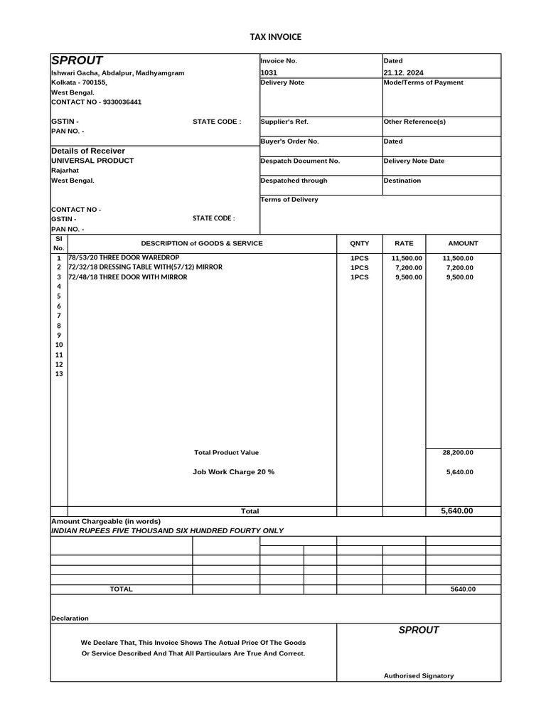 Sprout 21.12.24 Job Work | PDF | Invoice