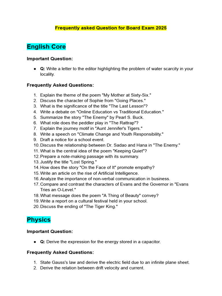 Board Exam 2025: FAQs & Key Questions | PDF | Function (Mathematics ...