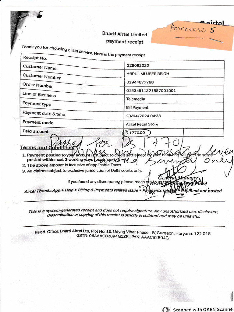 Annexure 5 Internet Bill Receipts in The Name of Abdul Mujeeb Beigh-DIC Srinagar | PDF