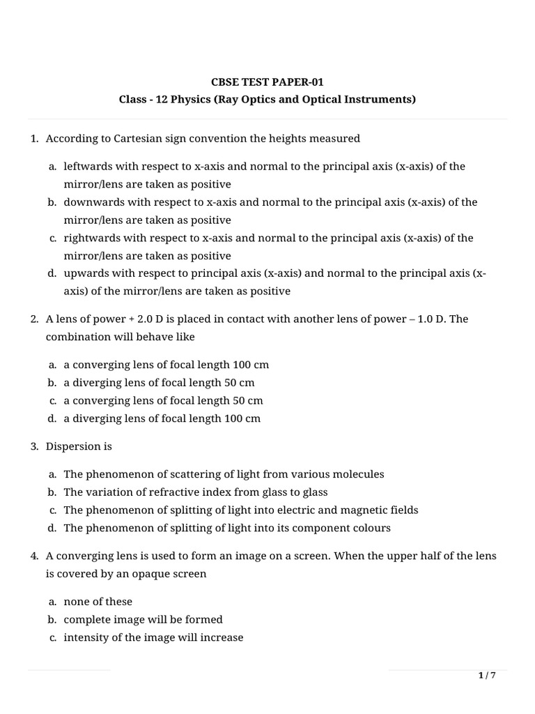 Rishi - RayOpticsandOpticalInstruments Paper 01 | PDF | Refractive ...