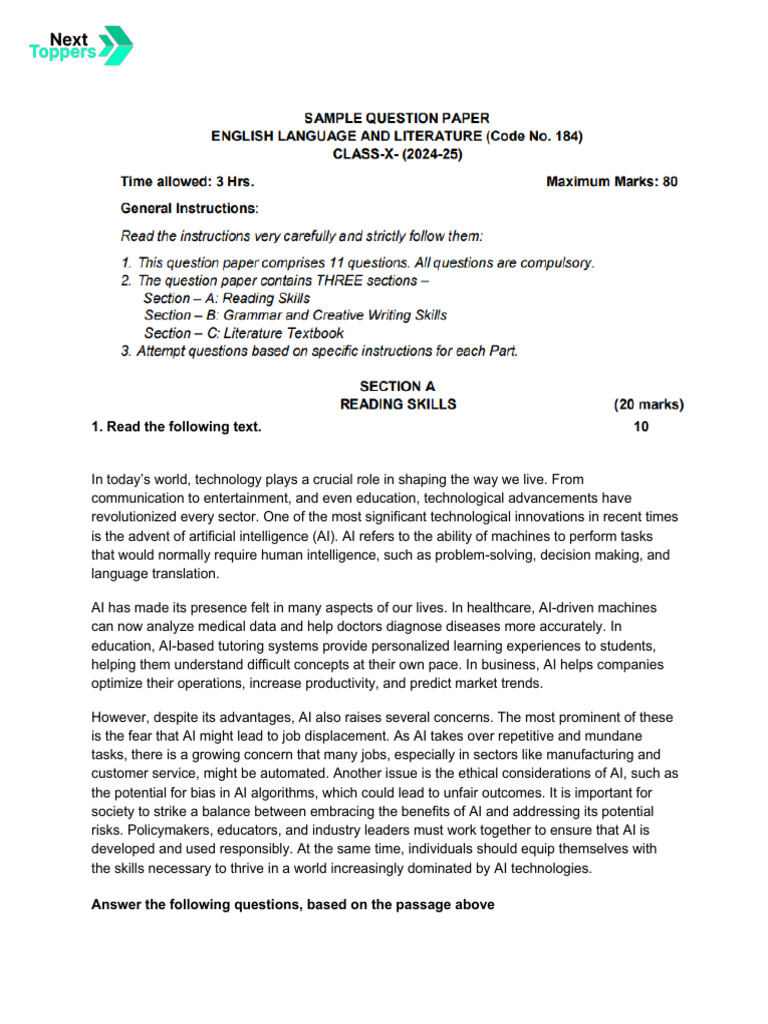 Class 10th English Best Sample Paper~Next Toppers | PDF | Artificial Intelligence | Intelligence ...