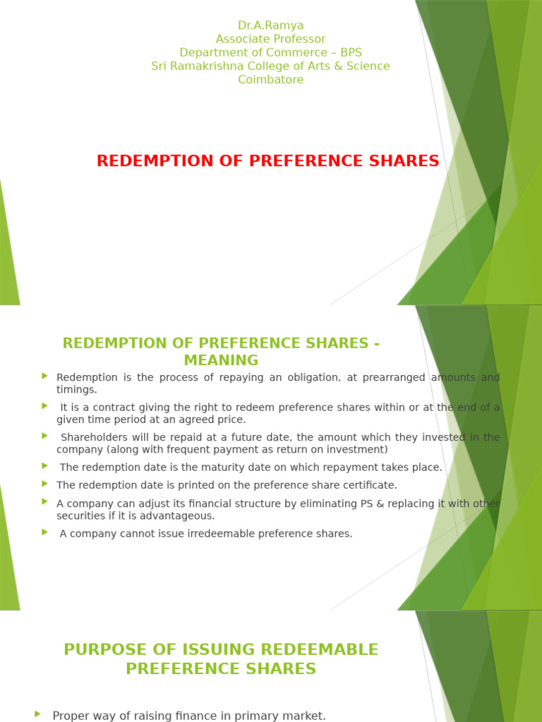 Redemption of Preference Shares | PDF | Preferred Stock | Equity (Finance)