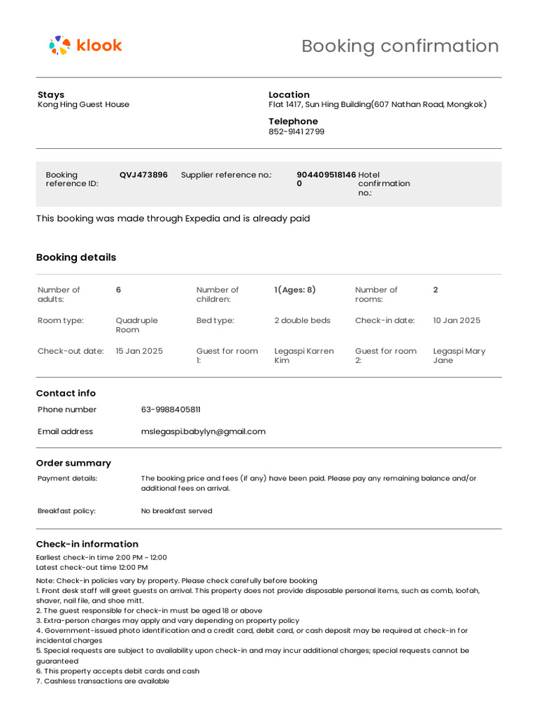 Booking Confirmation for Kong Hing Guest House | PDF | Debit Card | Fee