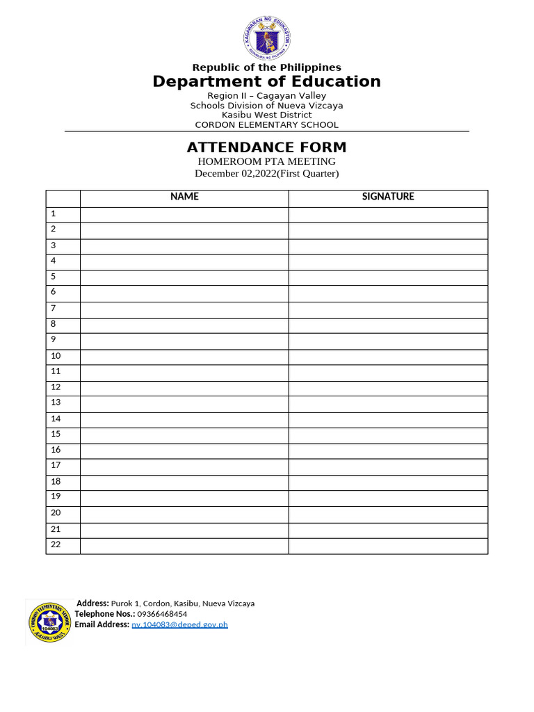 Cordon Elementary School Attendance Form | PDF