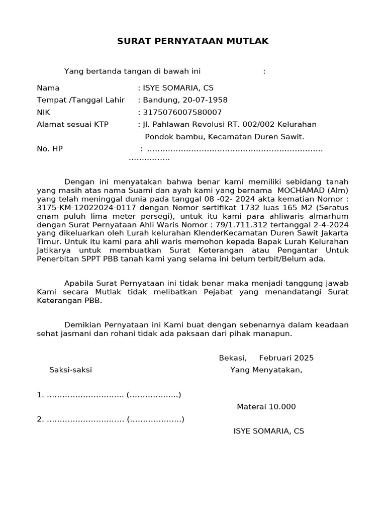 Surat Pernyataan Mutlak Bu Isye-1 | PDF