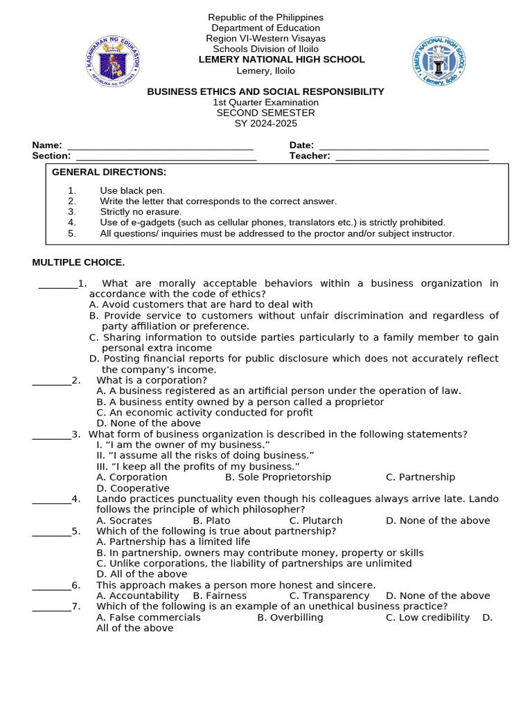 Business Ethics 1st Quarter Exam | PDF | Business