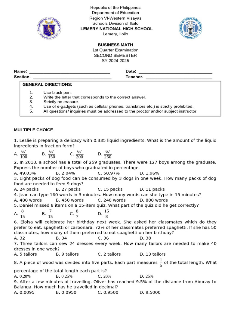 BUSINESS MATH-1st-quarterly-assessment - FINAL | PDF