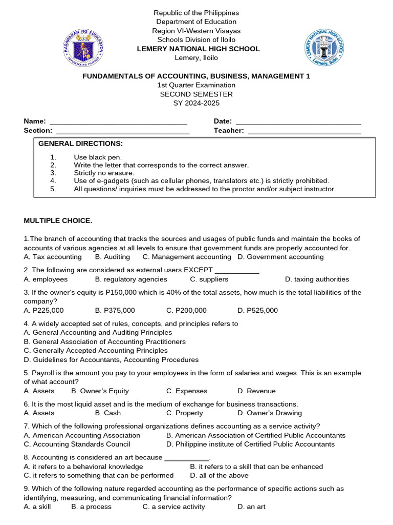FABM1-1st-quarterly-assessment - FINAL | PDF | Accounting | Equity ...
