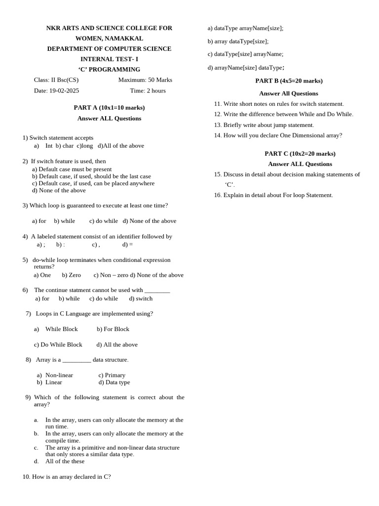 IBsc (CS) FirstInternal CProgramming Questionpaper (Even) | PDF ...