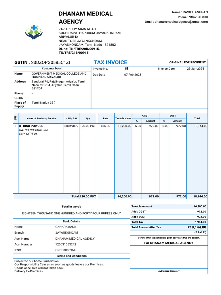 Invoice - 15 GOVERNMENT MEDICAL COLLEGE AND HOSPITAL ARIYALUR 11 14 2 | PDF | Taxes | Payments