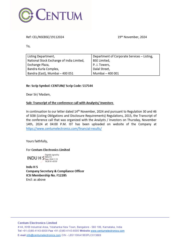 Induhs: Re: Scrip Symbol: CENTUM/ Scrip Code: 517544 | PDF | Dividend | Revenue