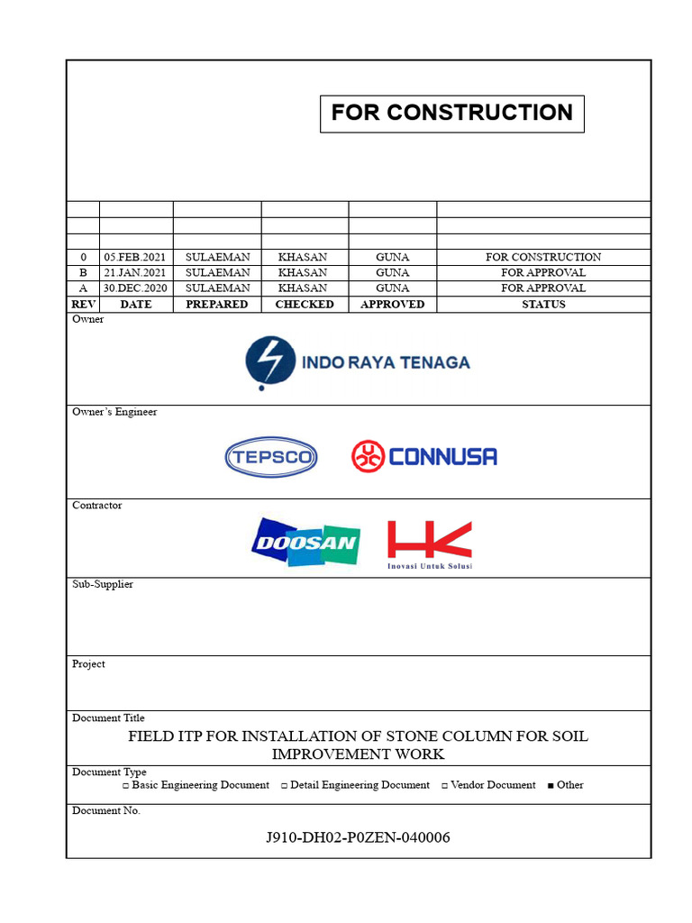 Field ITP for Installation of Stone Column for Soil Improvement Works ...