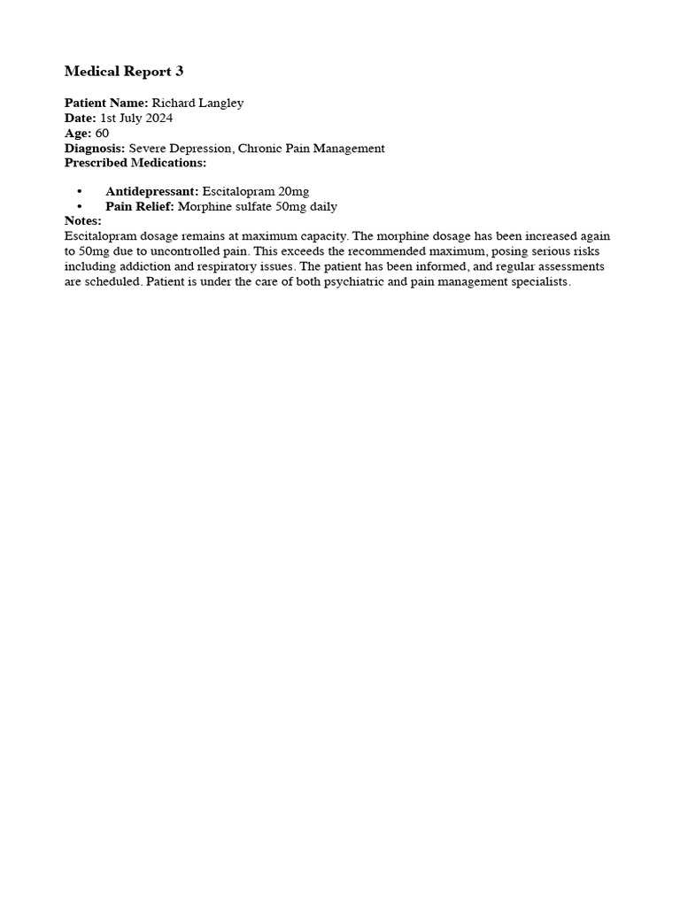 Richard Langley Medical Report: Depression & Pain | PDF