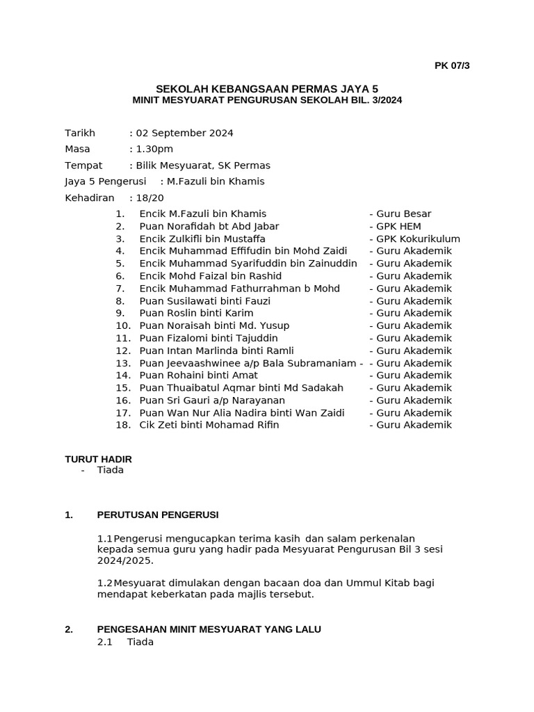 Minit Mesyuarat Pengurusan Bil.3 2024 | PDF