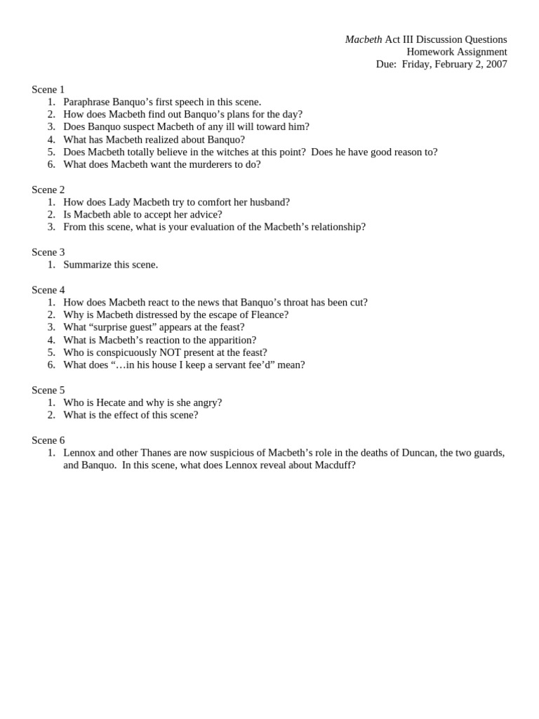 Macbeth Act III Discussion Questions | PDF