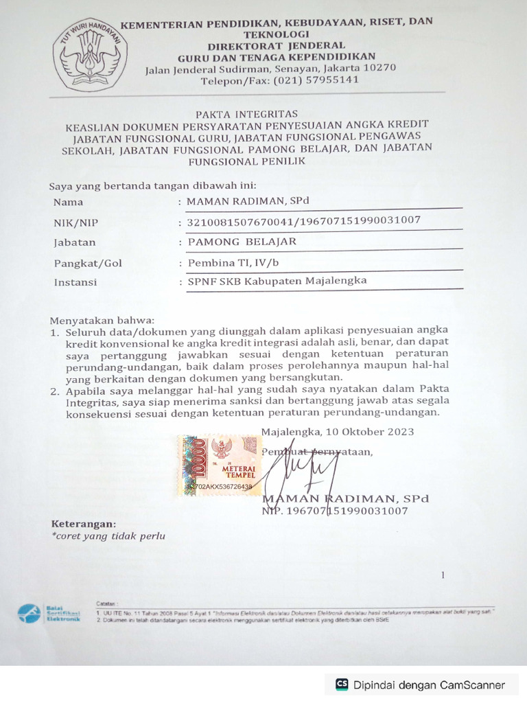 Fakta Integritas Keaslian Pak A.N Maman Radiman, S.PF | PDF