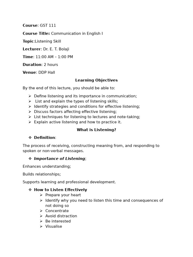Dr Bolaji Idowu Gst 111 Listening | PDF | Communication | Human Communication