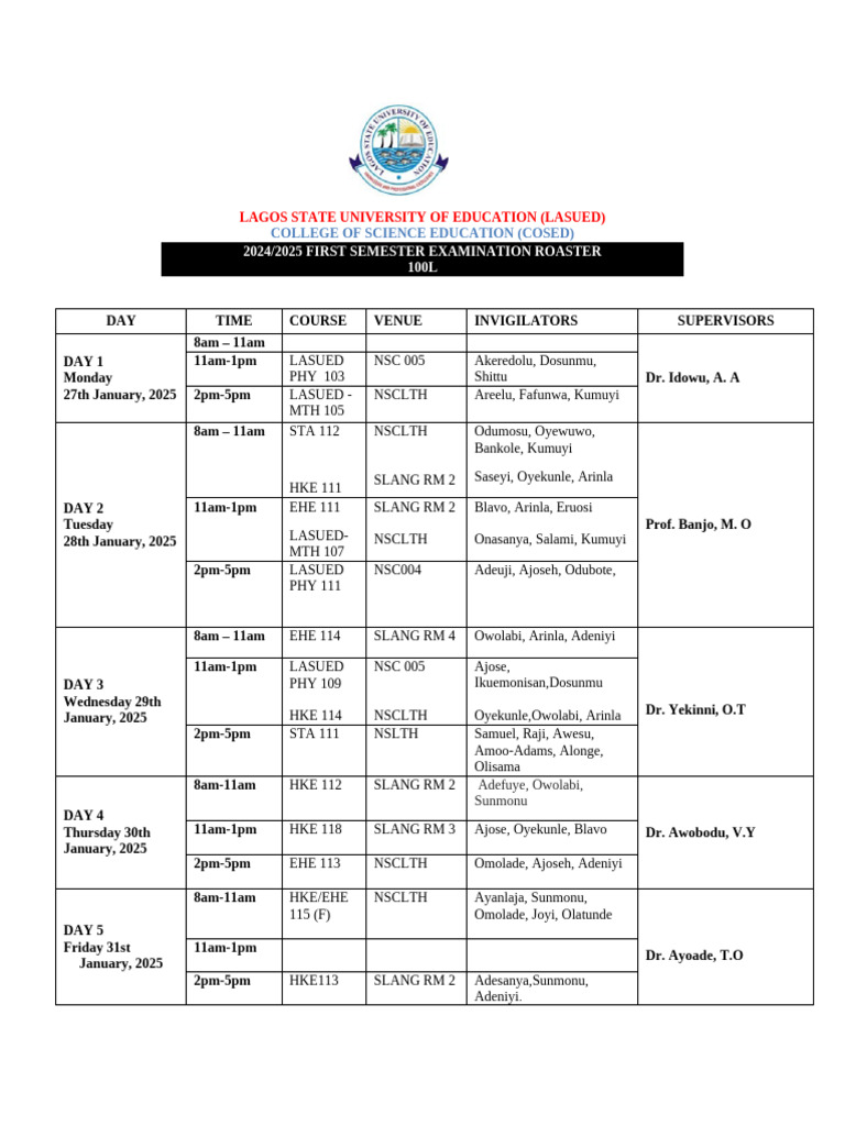 LASUED 2024/2025 Exam Schedule 100L | PDF