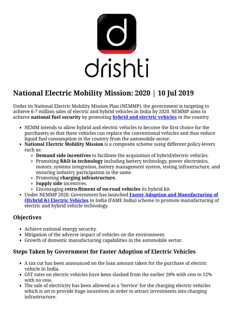 National Electric Mobility Mission 2020 Overview | PDF
