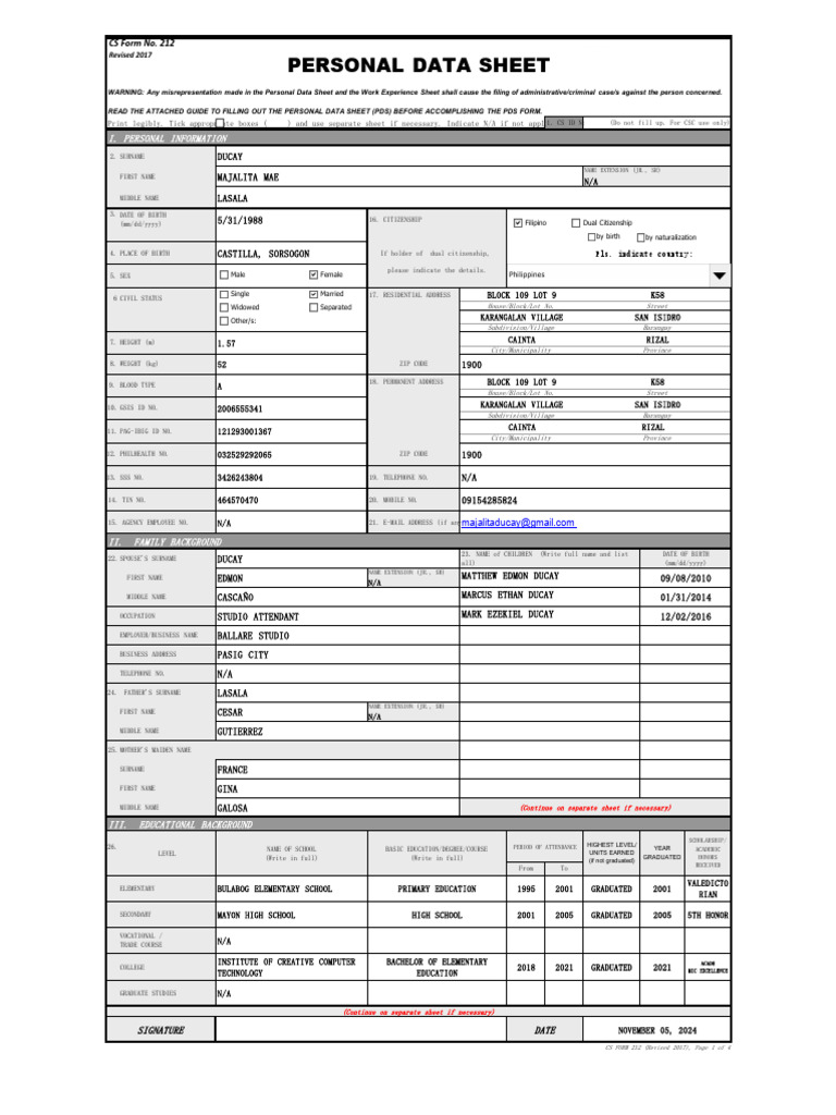 Personal Data Sheet Template | PDF