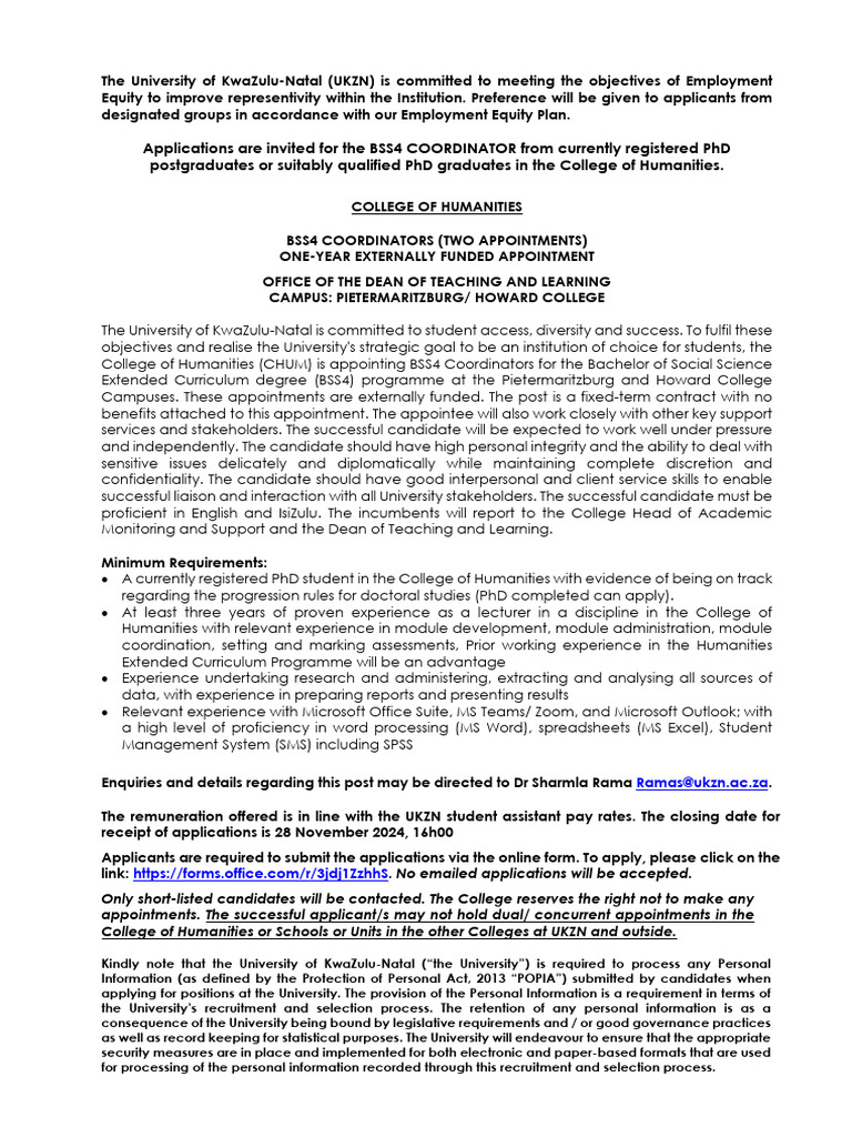 ADVERT For BSS4 Coordinators | PDF | Doctor Of Philosophy | University