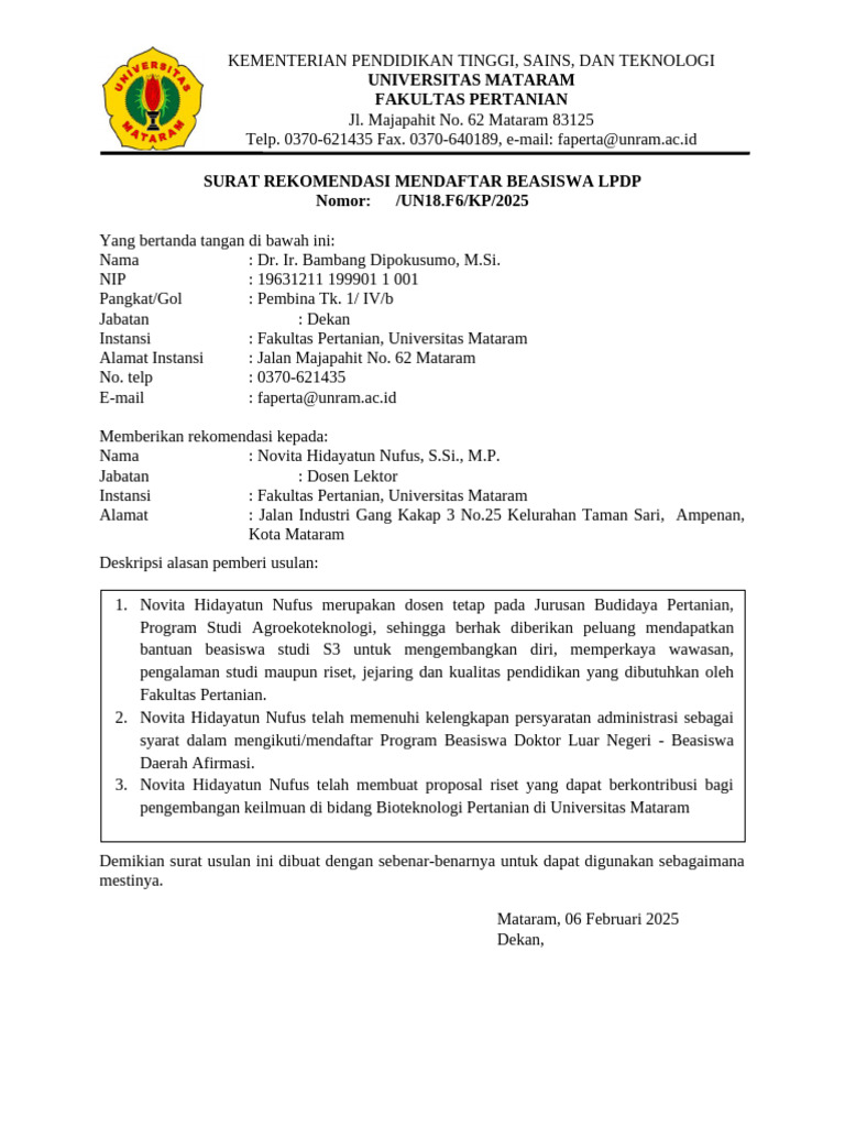 Rekomendasi Dekan - LPDP 2025 | PDF