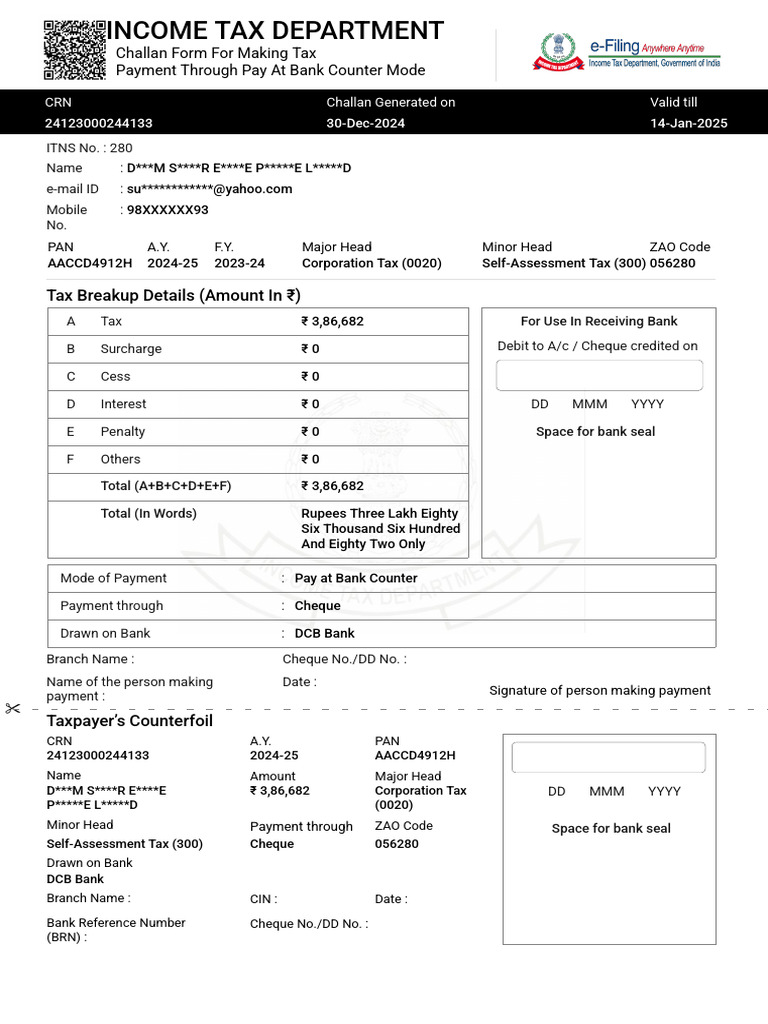 Income Tax Challan Payment Form 2024 | PDF | Cheque | Banks