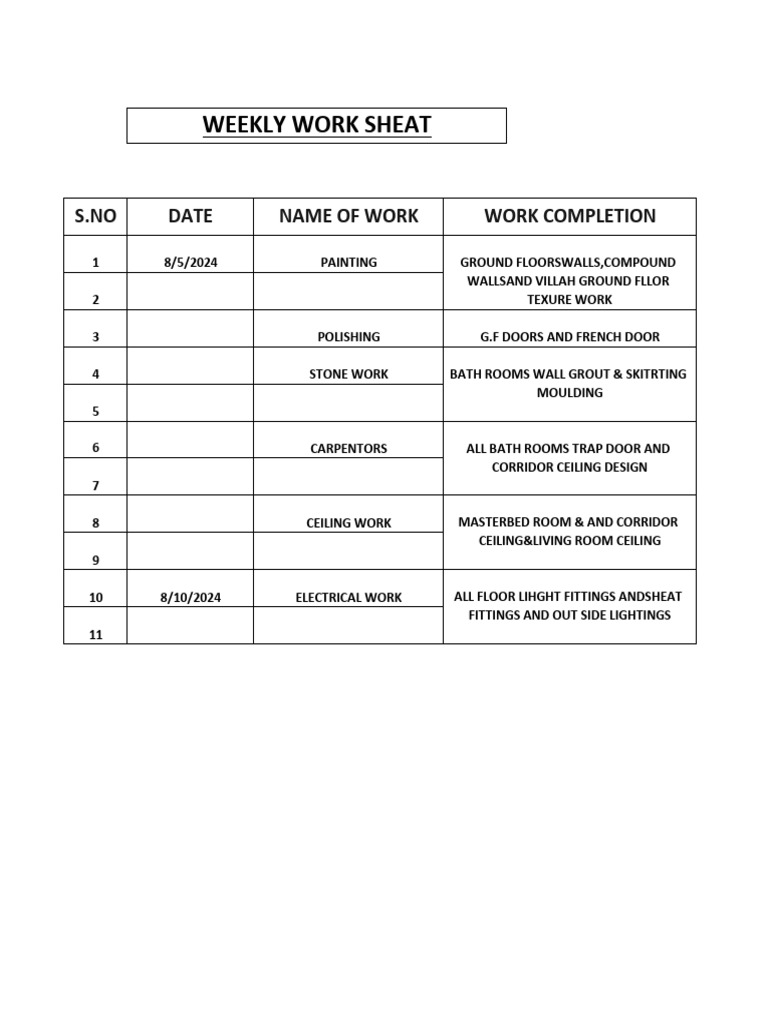 Weekly Work Sheat | PDF