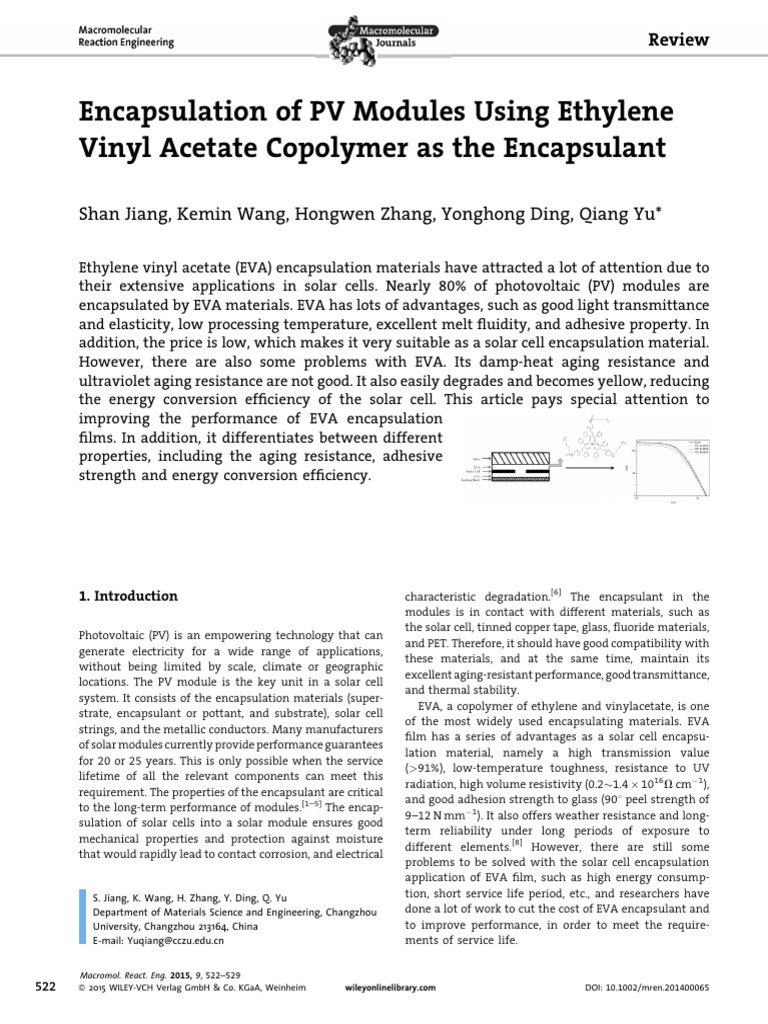 Encapsulation of PV Modules Using Ethylene Vinyl Acetate Copolymer As The Encapsulant | PDF ...