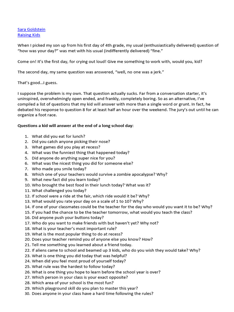 Engaging Questions for Kids' Days | PDF